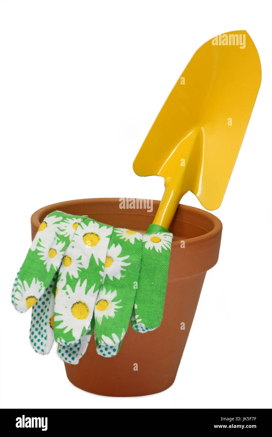Gloves flower pot soil Cut Out Stock Images & Pictures - Alamy