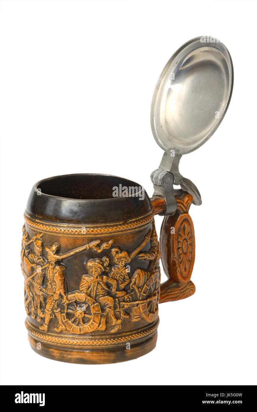 A traditional German beer jug with silver lid isolated on white ...