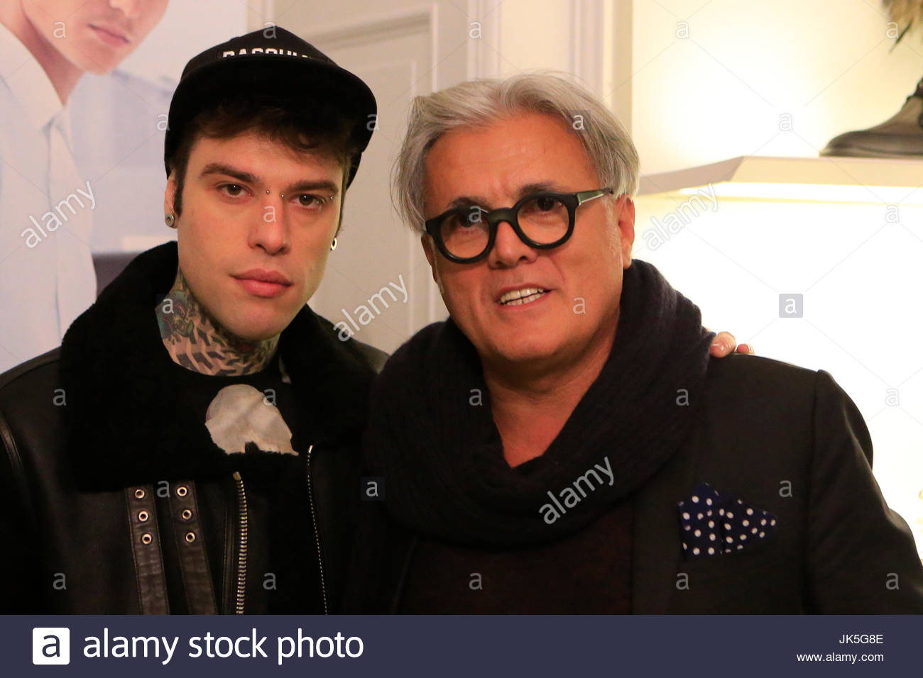Fedez and Guiseppe Zanotti. Italian rapper Fedez and Motorcyclist Stock ...