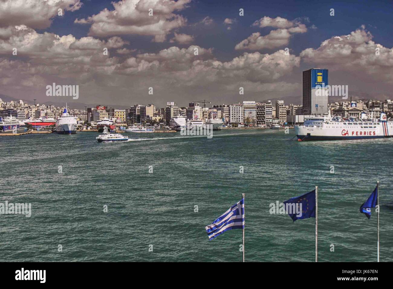 Piraeus, Greece. 30th Sep, 2004. The flags of Greece, the European ...