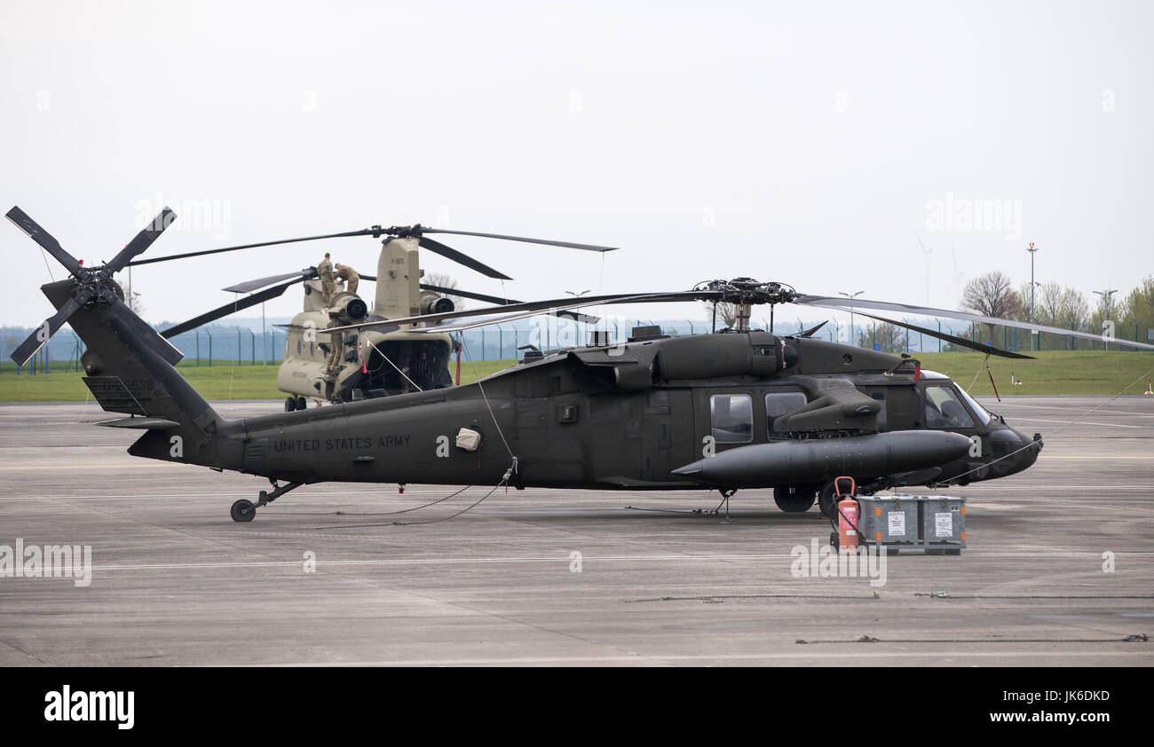 Ansbach, Germany. 27th Apr, 2017. Helicopters stand on the airfield of ...