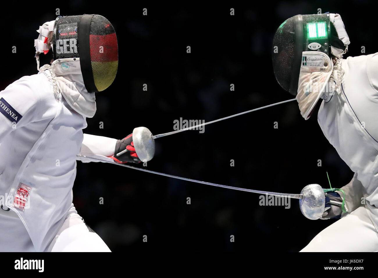 Leipzig, Germany. 22nd July, 2017. The German epee fencer Richard Schmidt (L) in action against ...