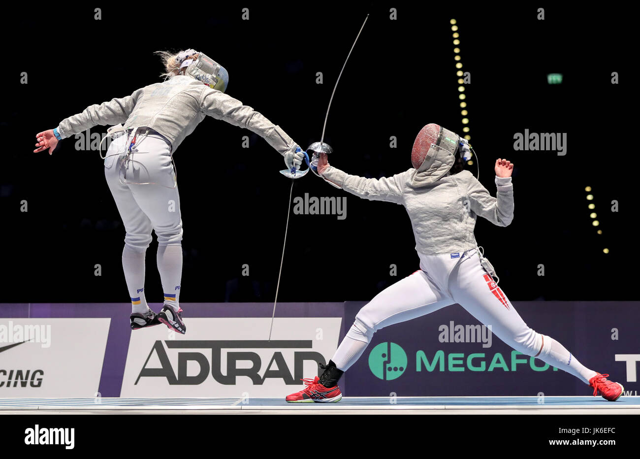 Leipzig, Germany. 22nd July, 2017. Ukrainian epee fencer Olga Kharlan (L) in action against ...
