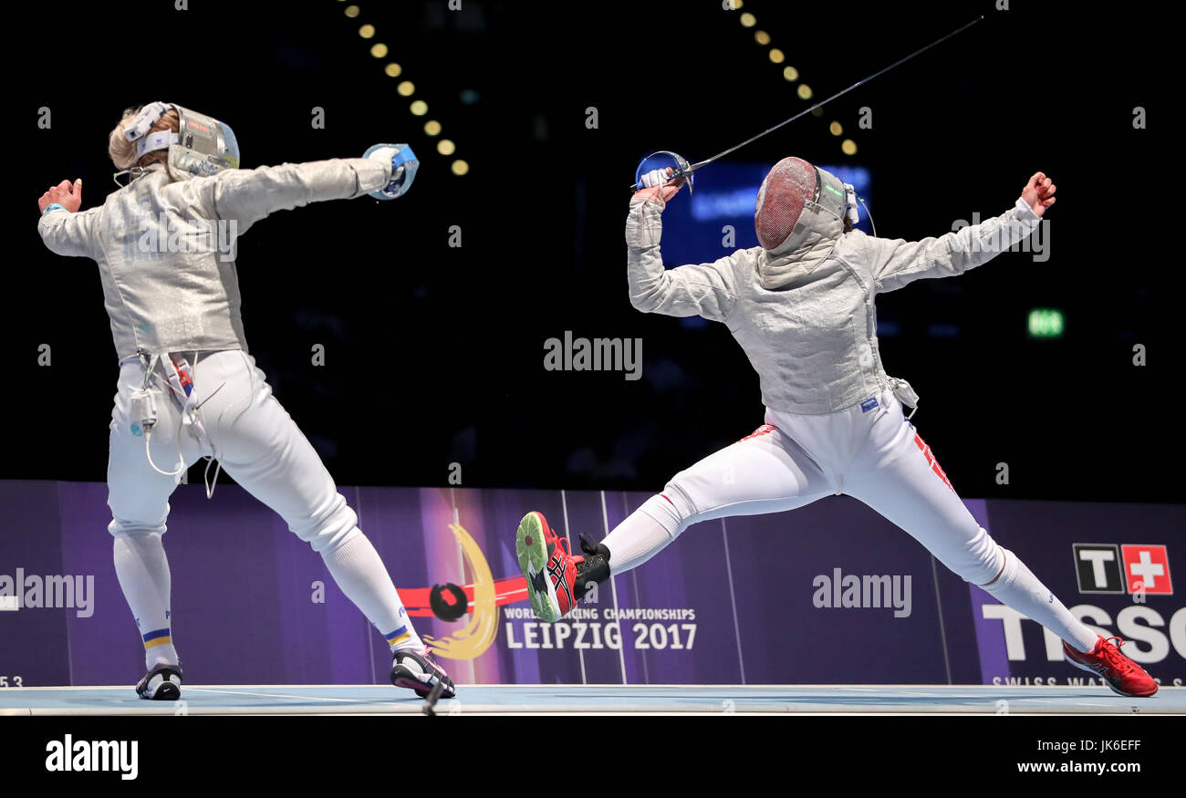 Leipzig, Germany. 22nd July, 2017. Ukrainian epee fencer Olga Kharlan (L) in action against ...