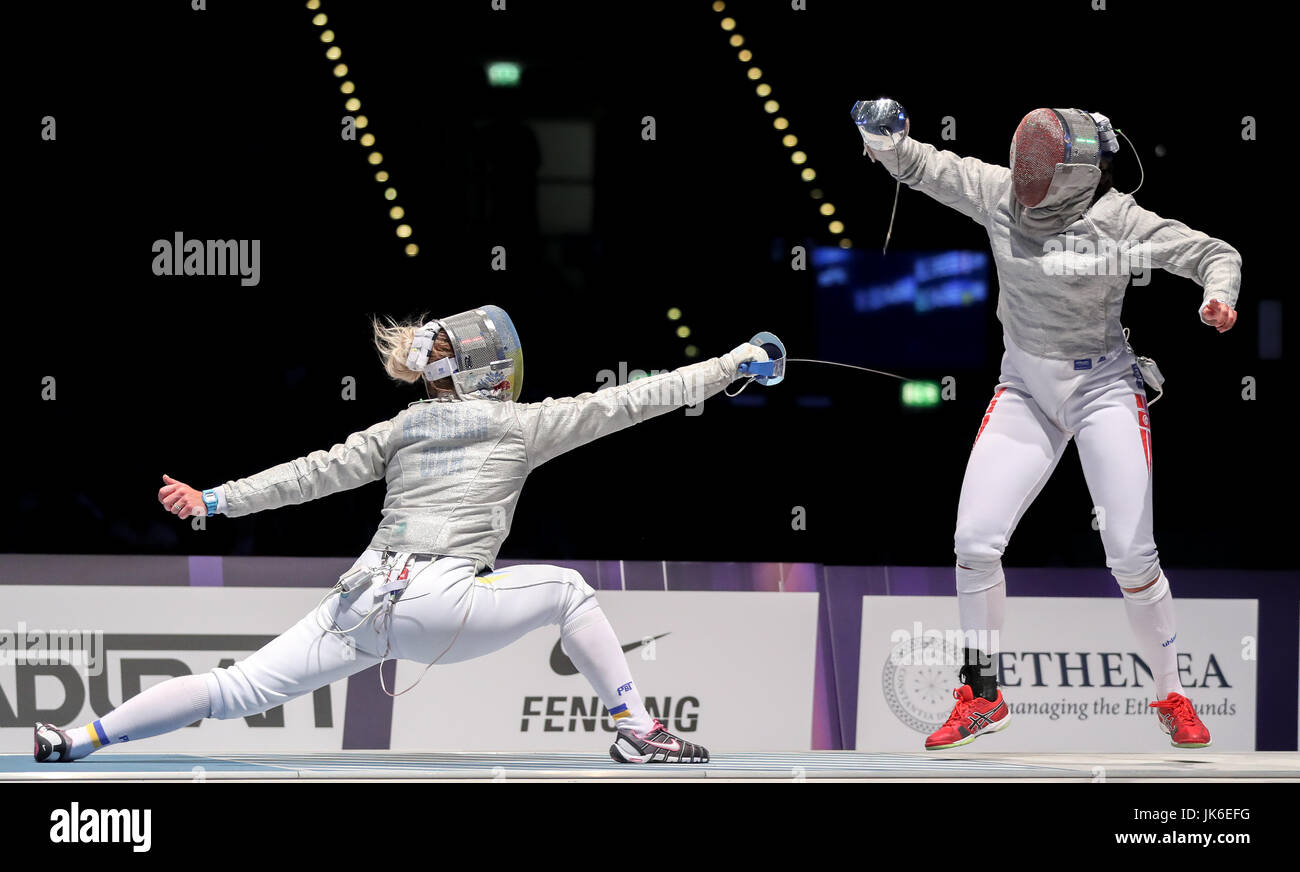 Leipzig, Germany. 22nd July, 2017. Ukrainian epee fencer Olga Kharlan (L) in action against ...