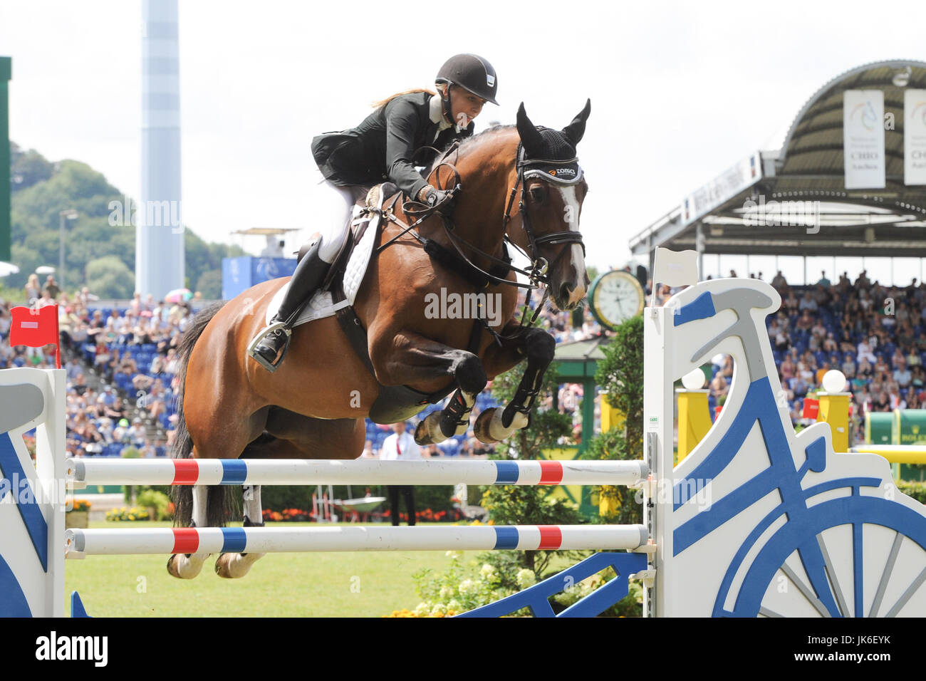 Aachen, Germany. 22nd July, 2017. Showjumper Laura Claphake on horse ...