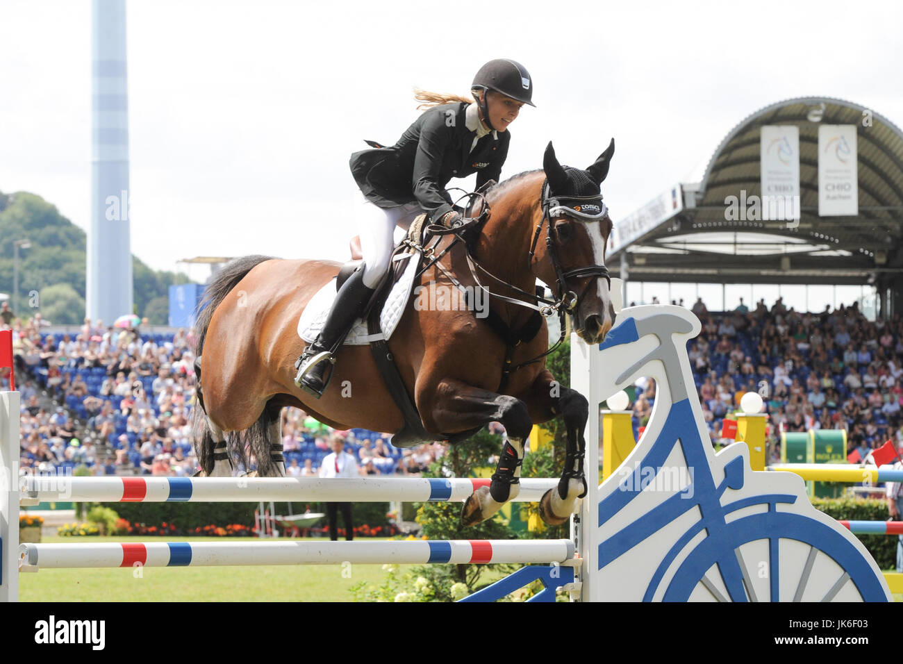 Aachen, Germany. 22nd July, 2017. Showjumper Laura Claphake on horse ...