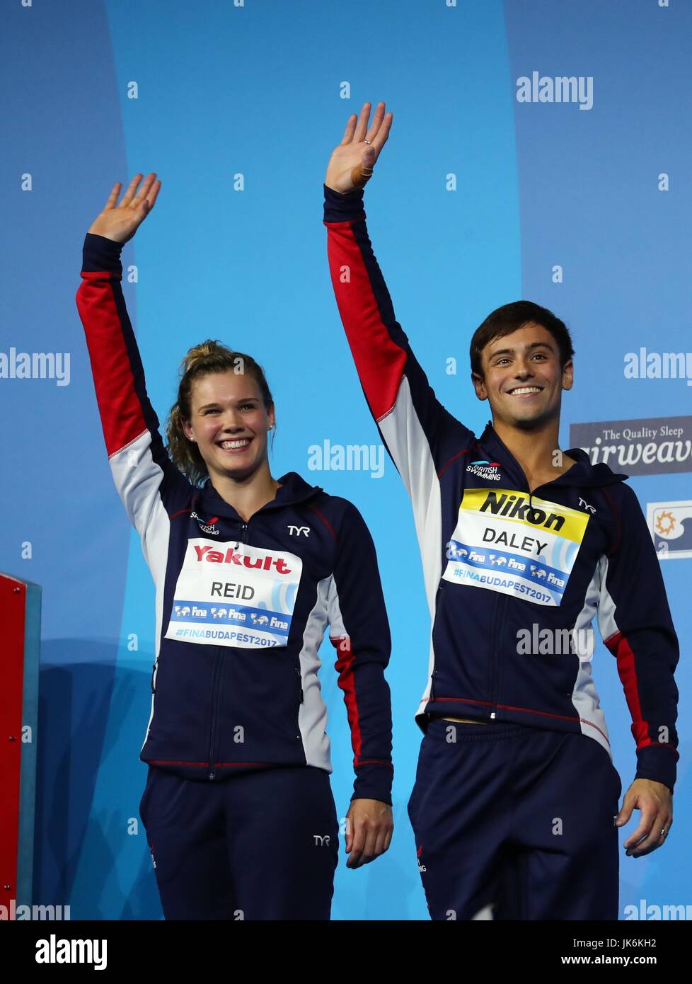 Budapest. 22nd July, 2017. Grace Reid (L) Thomas Daley of Britain wave ...