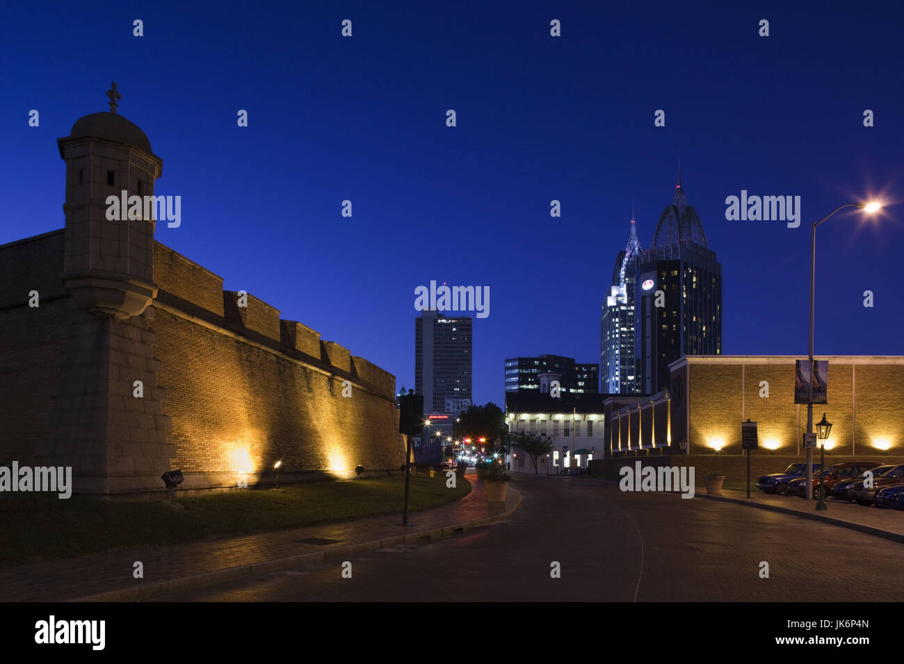 USA, Alabama, Mobile, Fort Conde, b.1711, RSA Tower and Riverview Plaza ...