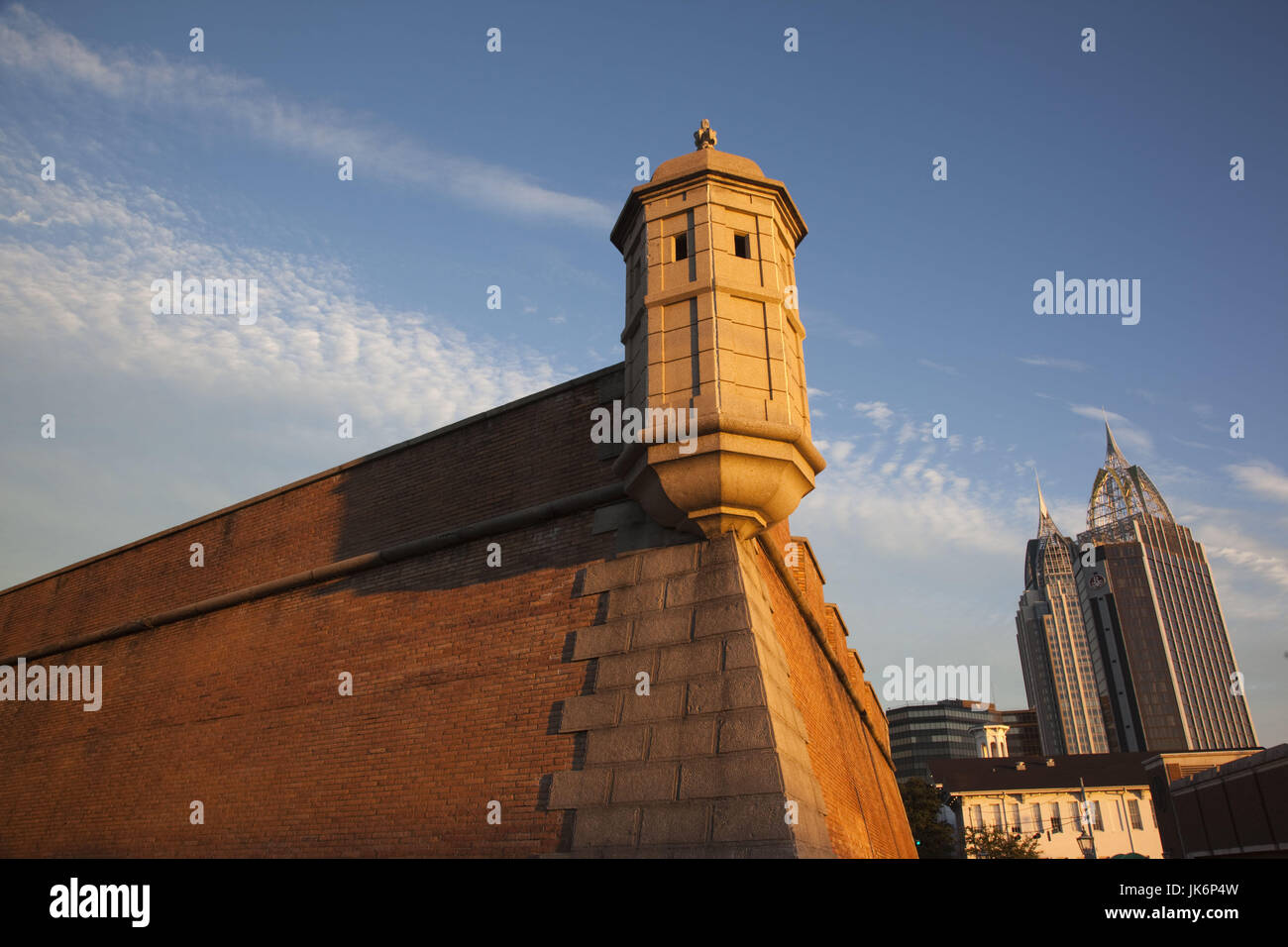 USA, Alabama, Mobile, Fort Conde, b.1711, RSA Tower and Riverview Plaza ...