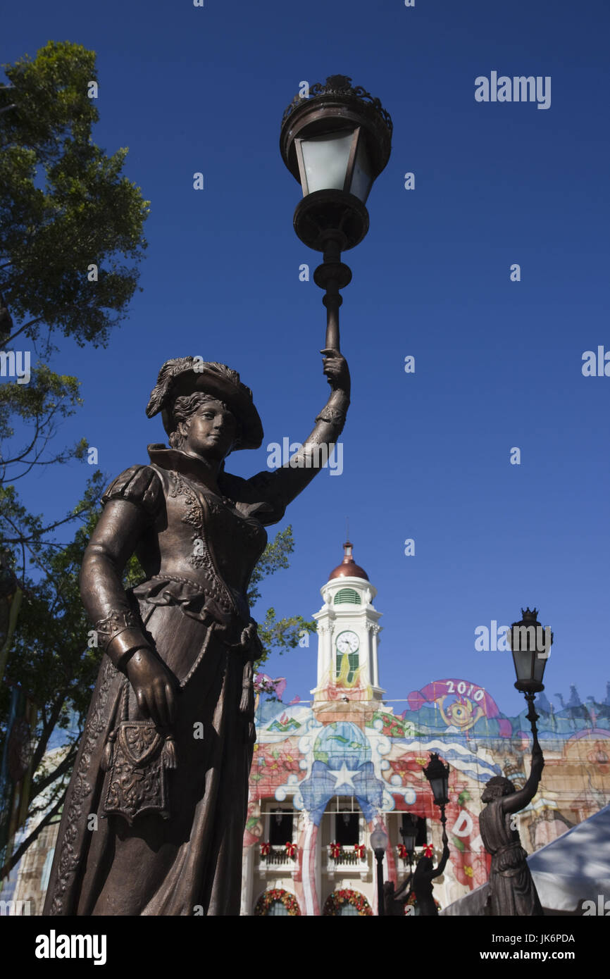 Puerto Rico, West Coast, Mayaguez, Plaza Colon, statue and Teatro ...