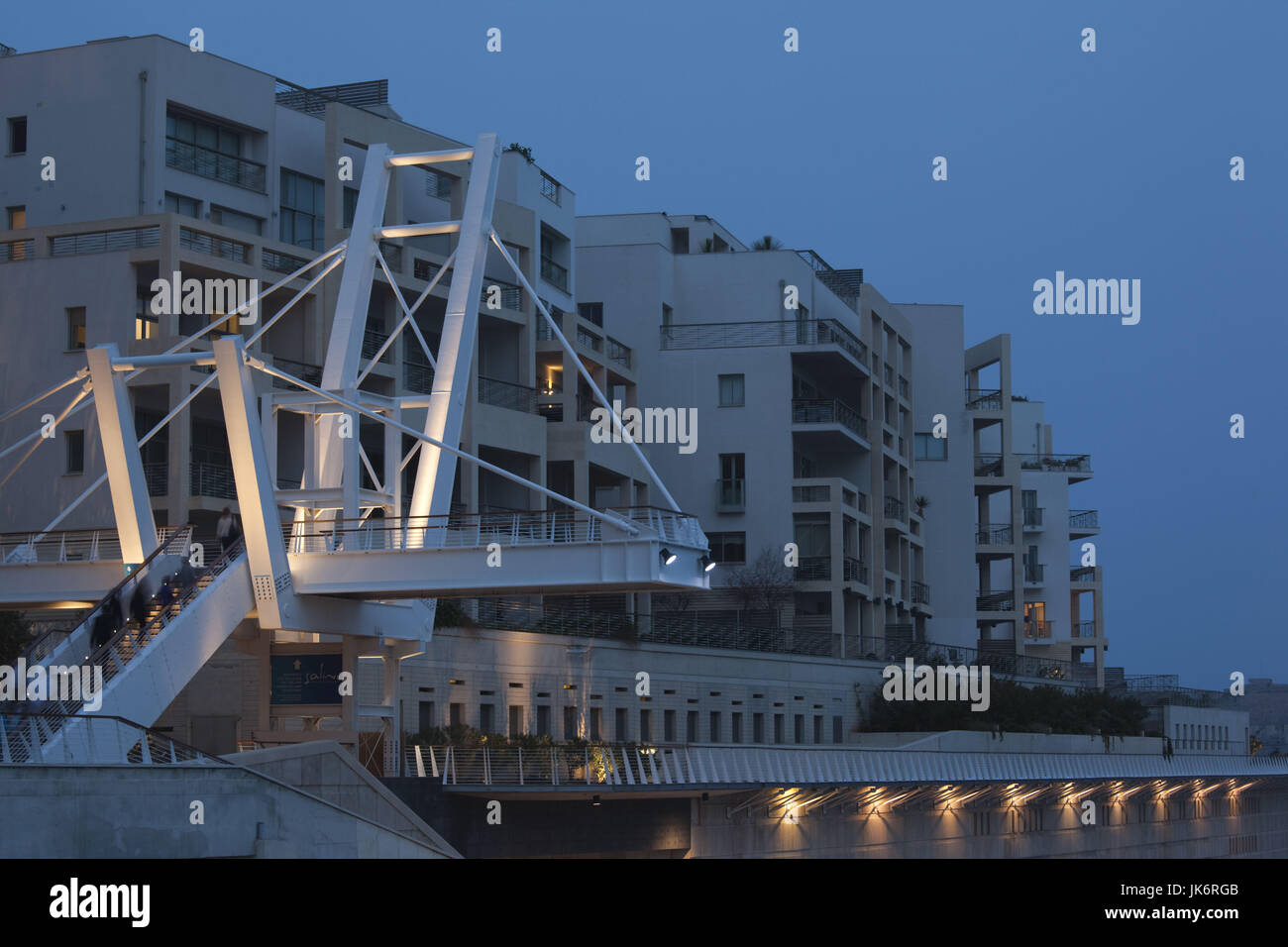 Malta, Valletta, Sliema, Tigne Point, pedestrian bridge, dusk Stock ...