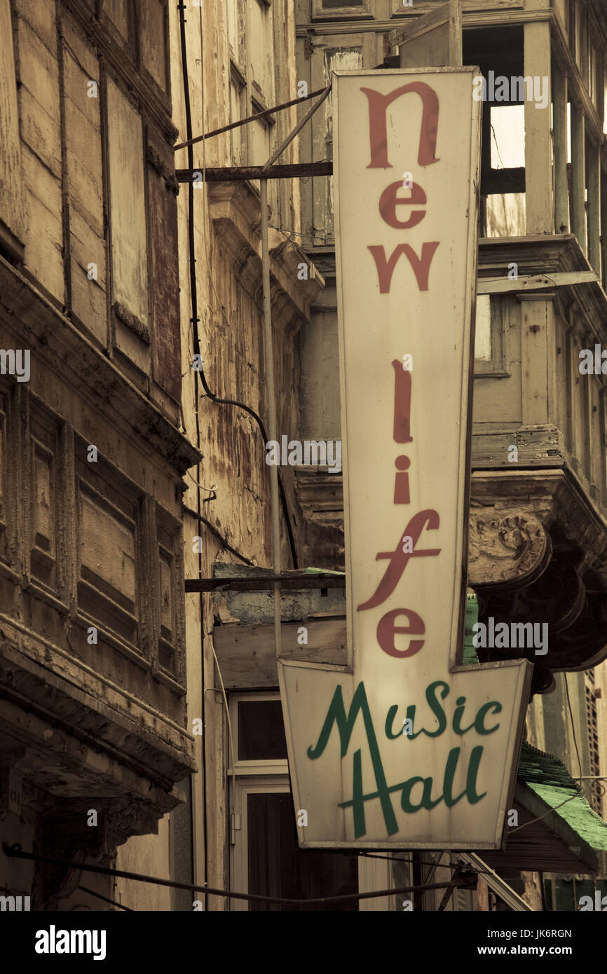 Malta, Valletta, vintage sign for the New Life Music Hall Stock Photo ...