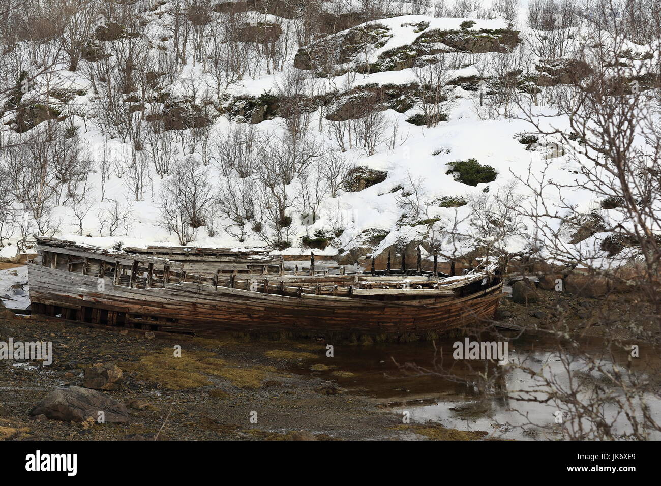 Shipwreck-abandoned wooden boat stranded at the bottom of ...