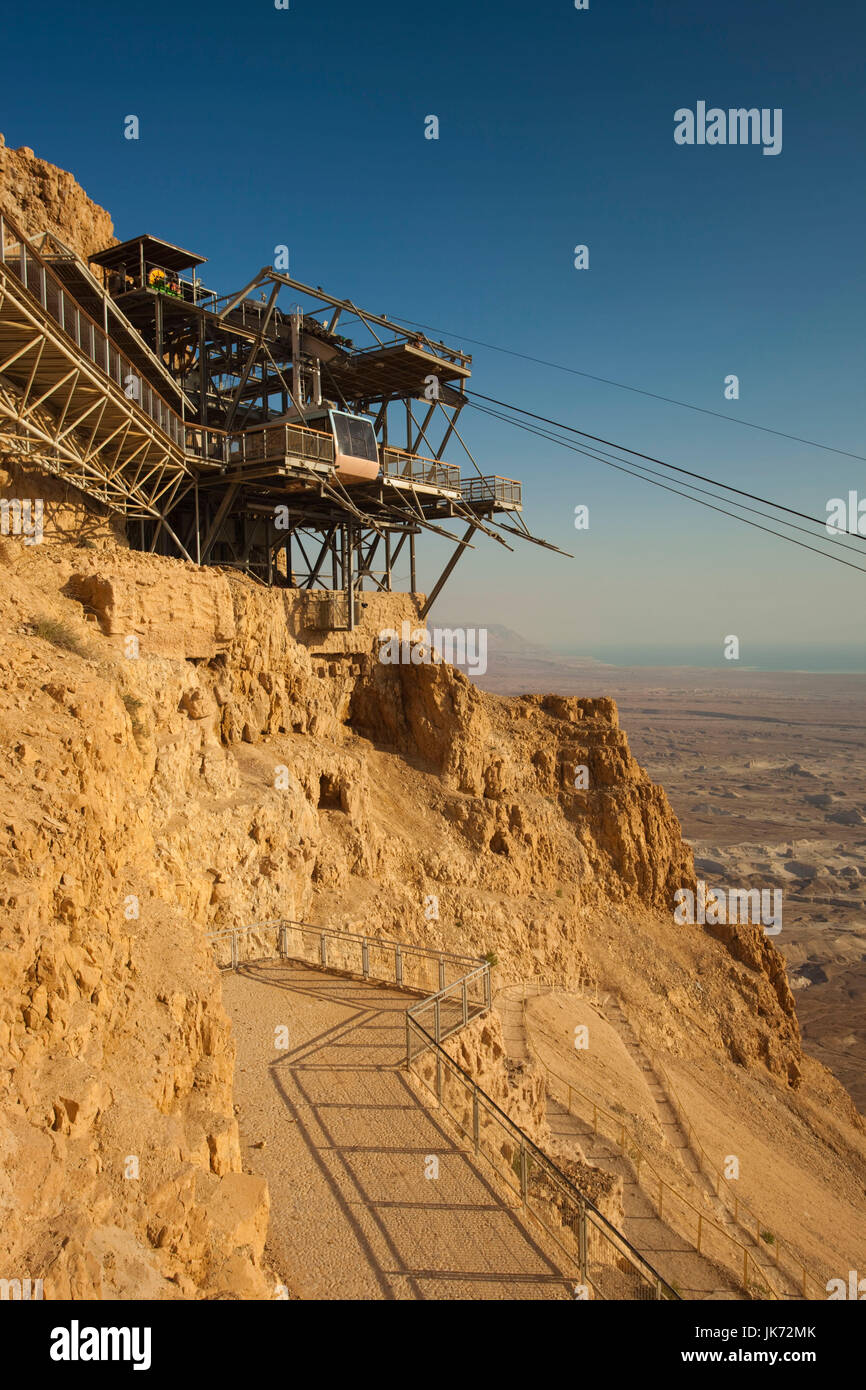 Israel, Dead Sea, Masada, dawn view of the Masada cable car station ...