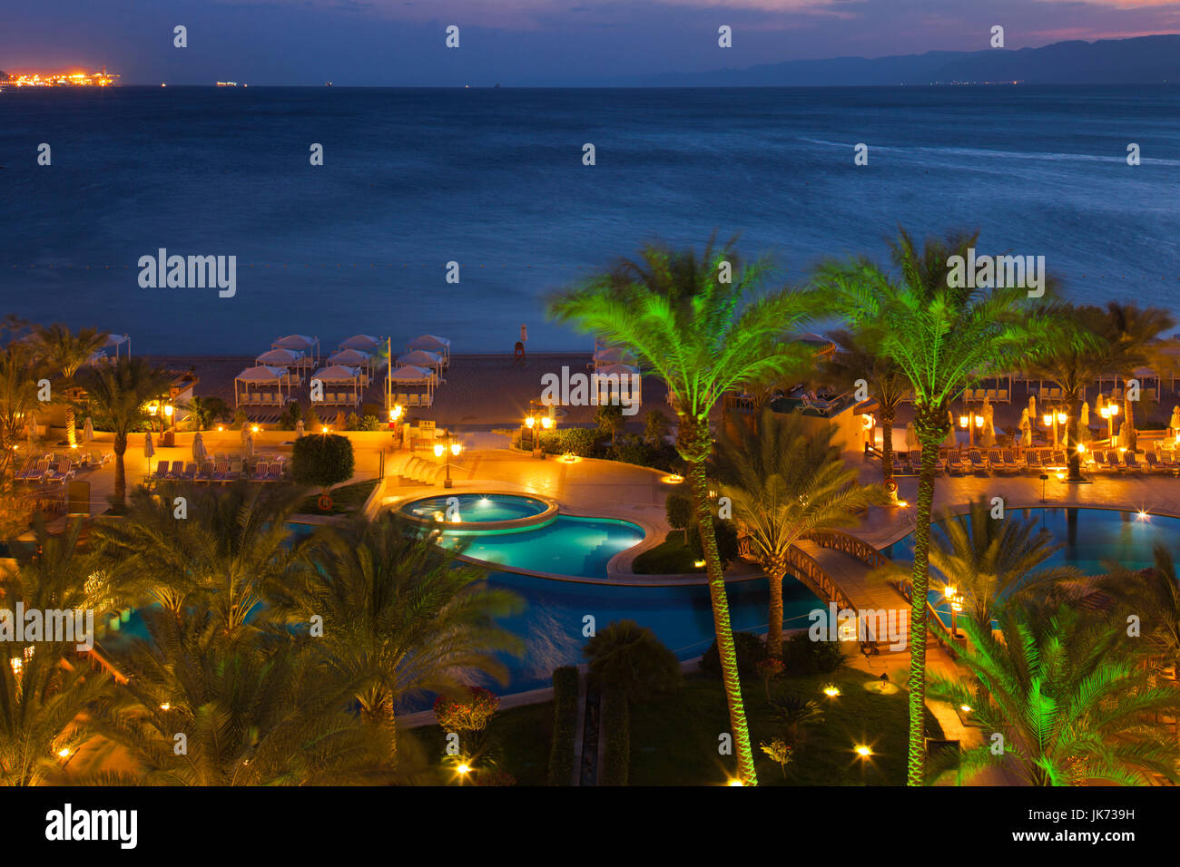 Jordan, Aqaba, elevated view of the Red Sea and hotel swimming pool ...