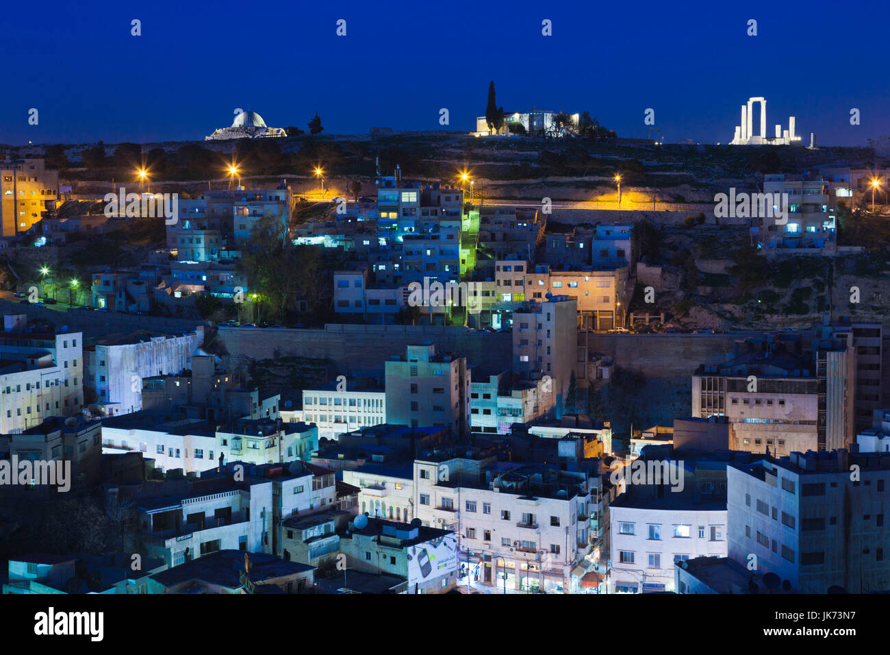 Jordan, Amman, elevated view of Central Amman and Citadel, dusk Stock ...