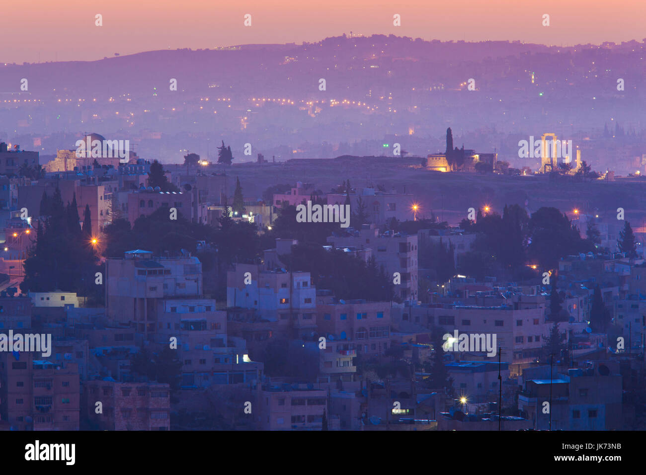 Jordan, Amman, elevated view of Jebel Amman and Citadel, dawn Stock ...