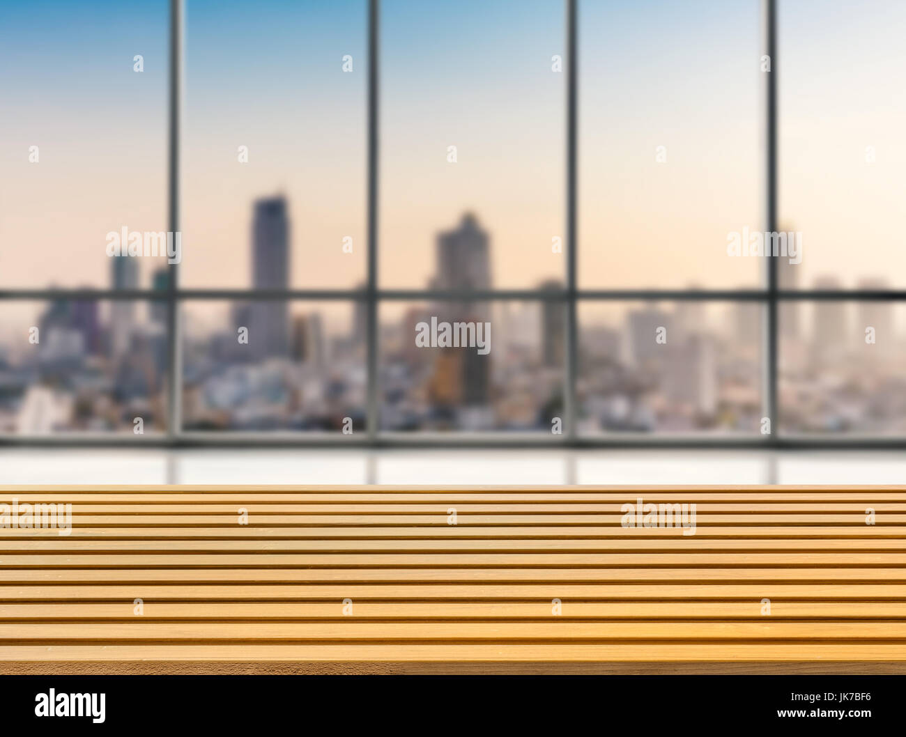 wooden counter with cityscape background Stock Photo - Alamy