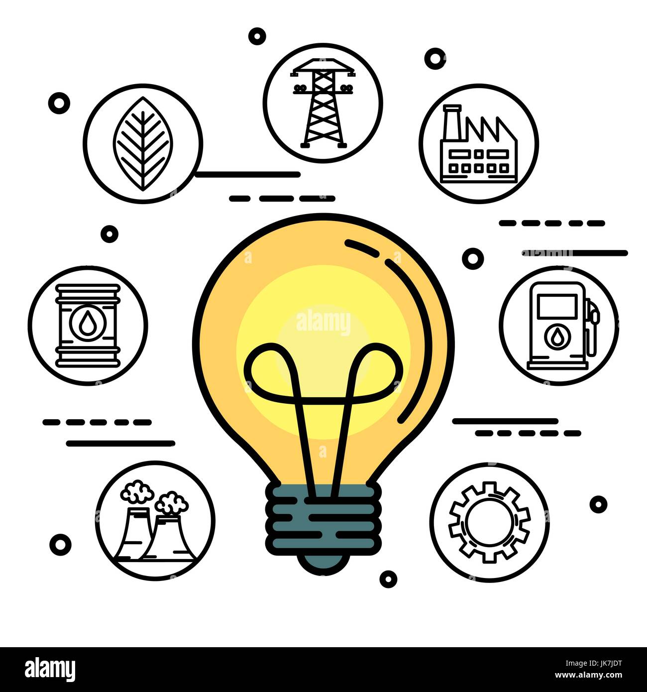 Light bulb and hand drawn energy related icons over white background ...