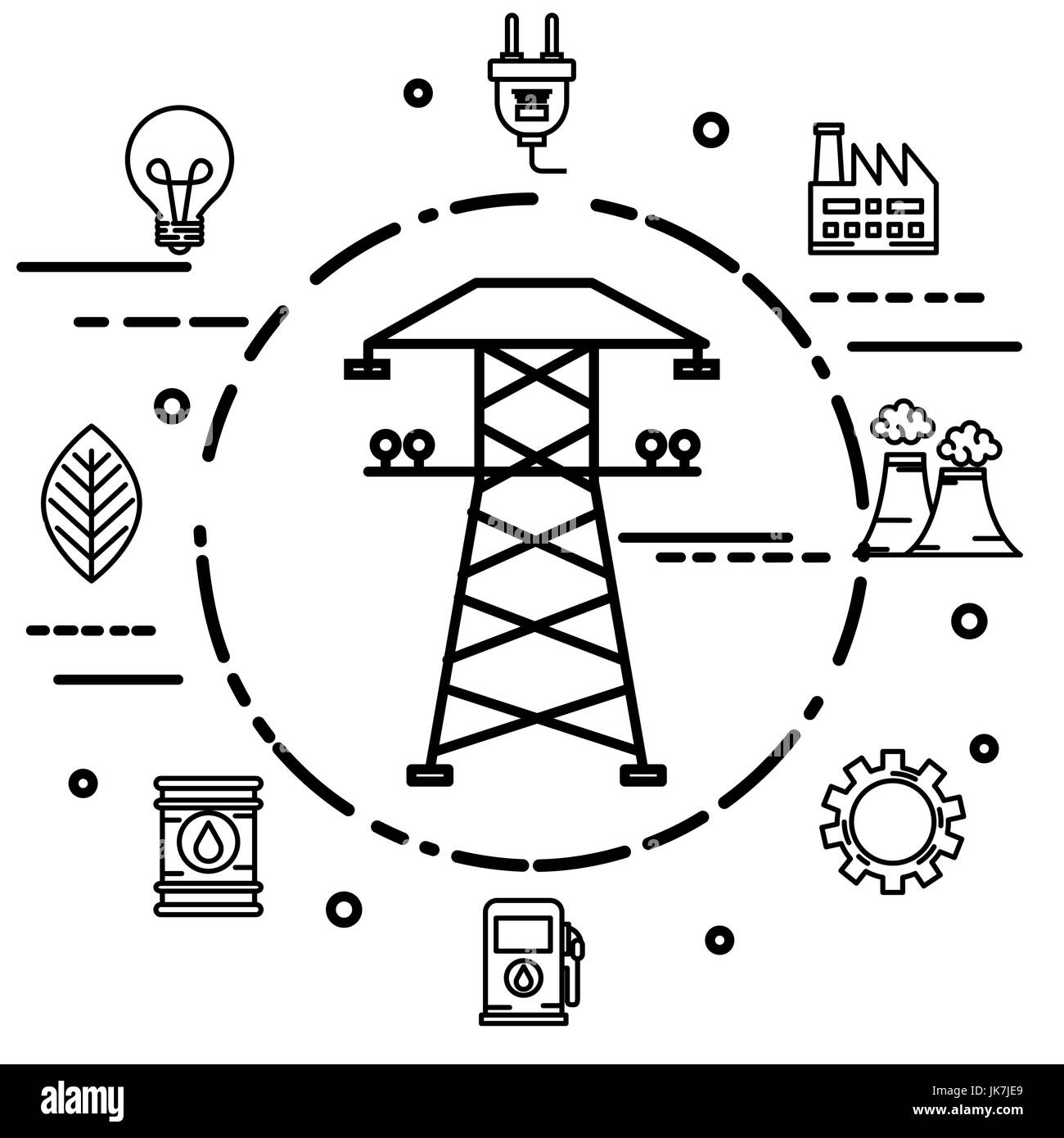 Hand drawn electric tower and energy related objects over white ...