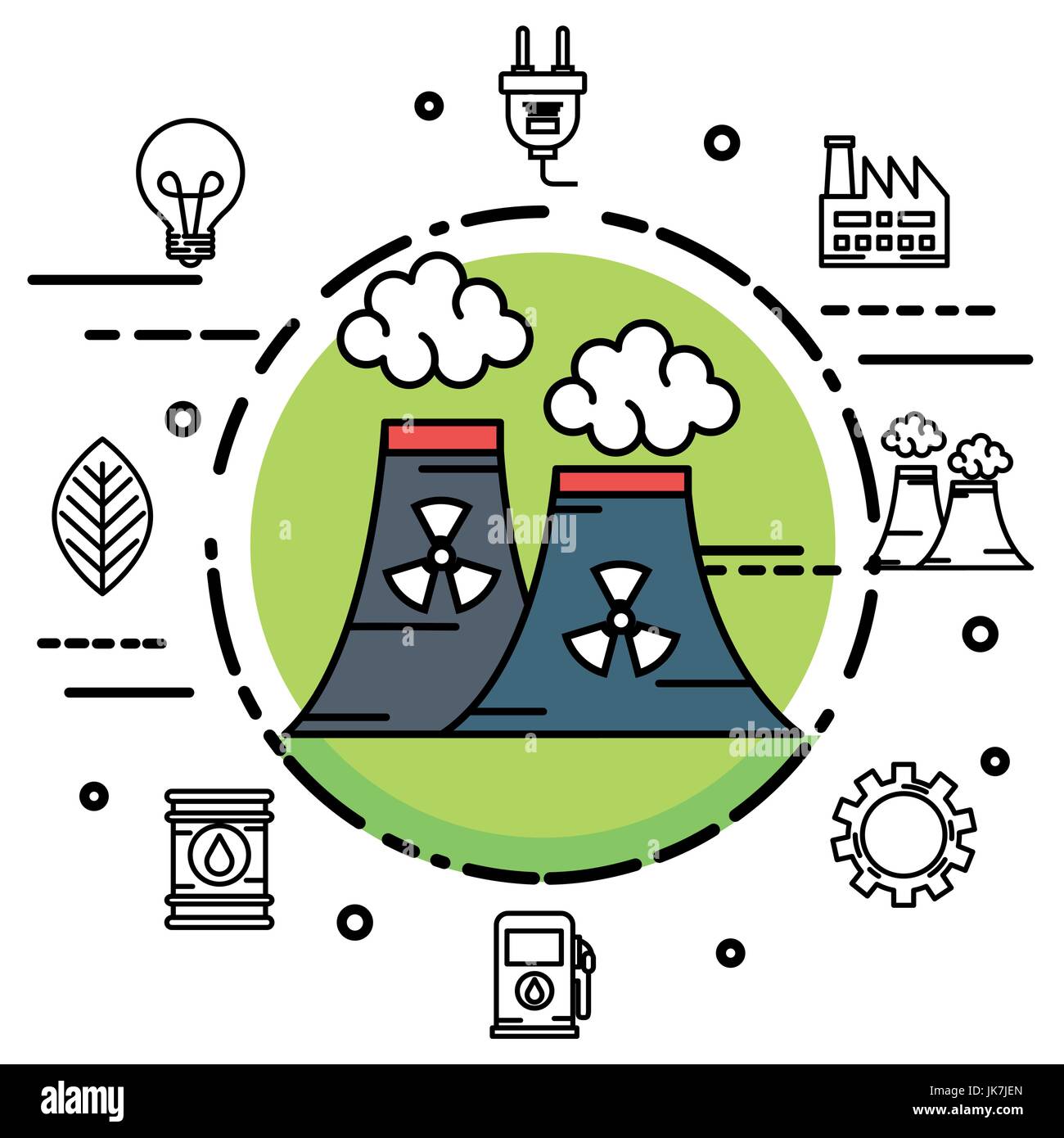 Nuclear power plant sticker and hand drawn energy related objects over ...