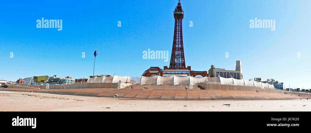 Panoramic of Blackppol Tower, the Headland and steps down to the beach ...