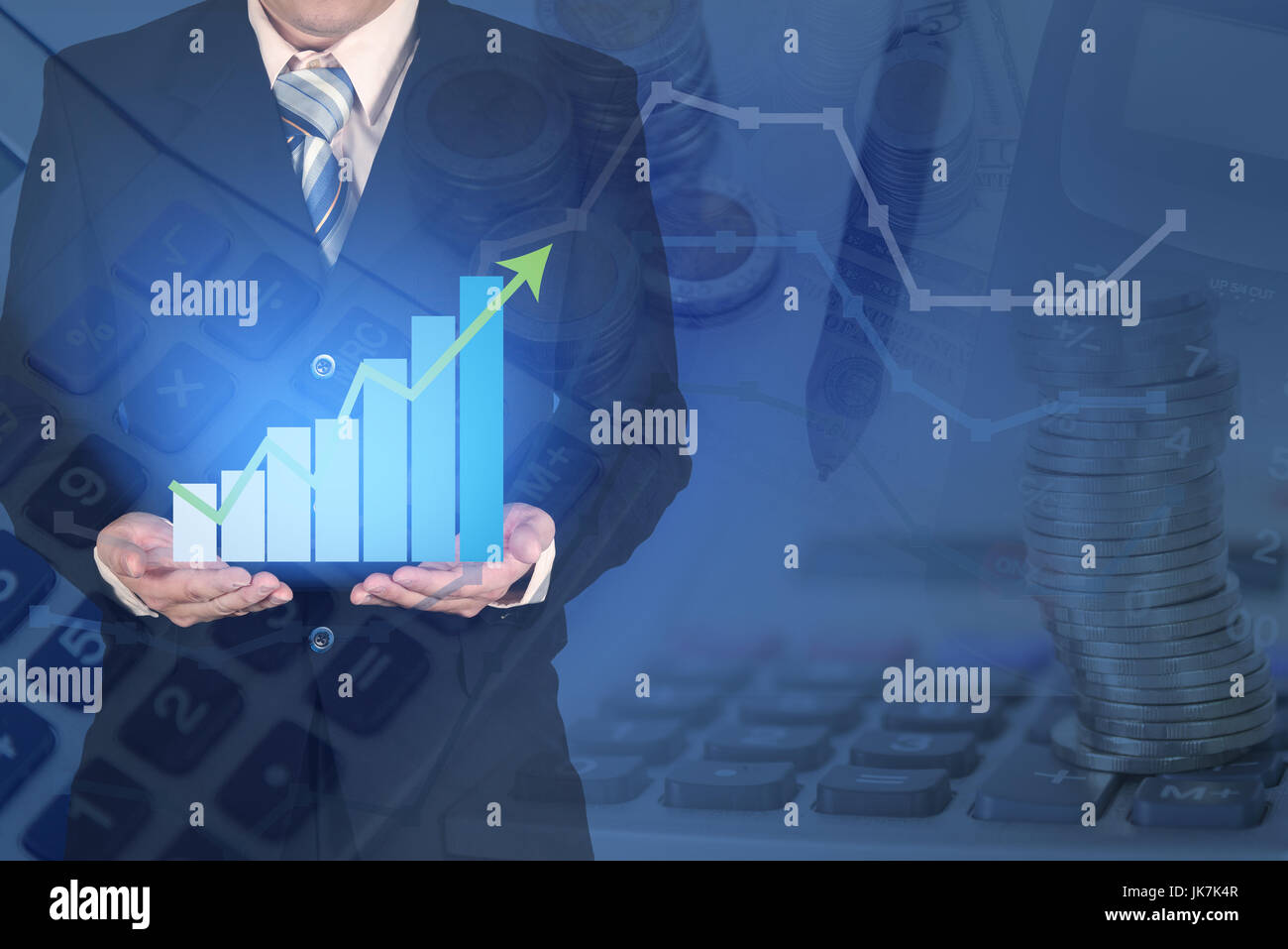 Double exposure of business growth diagram or financial graph chart ...