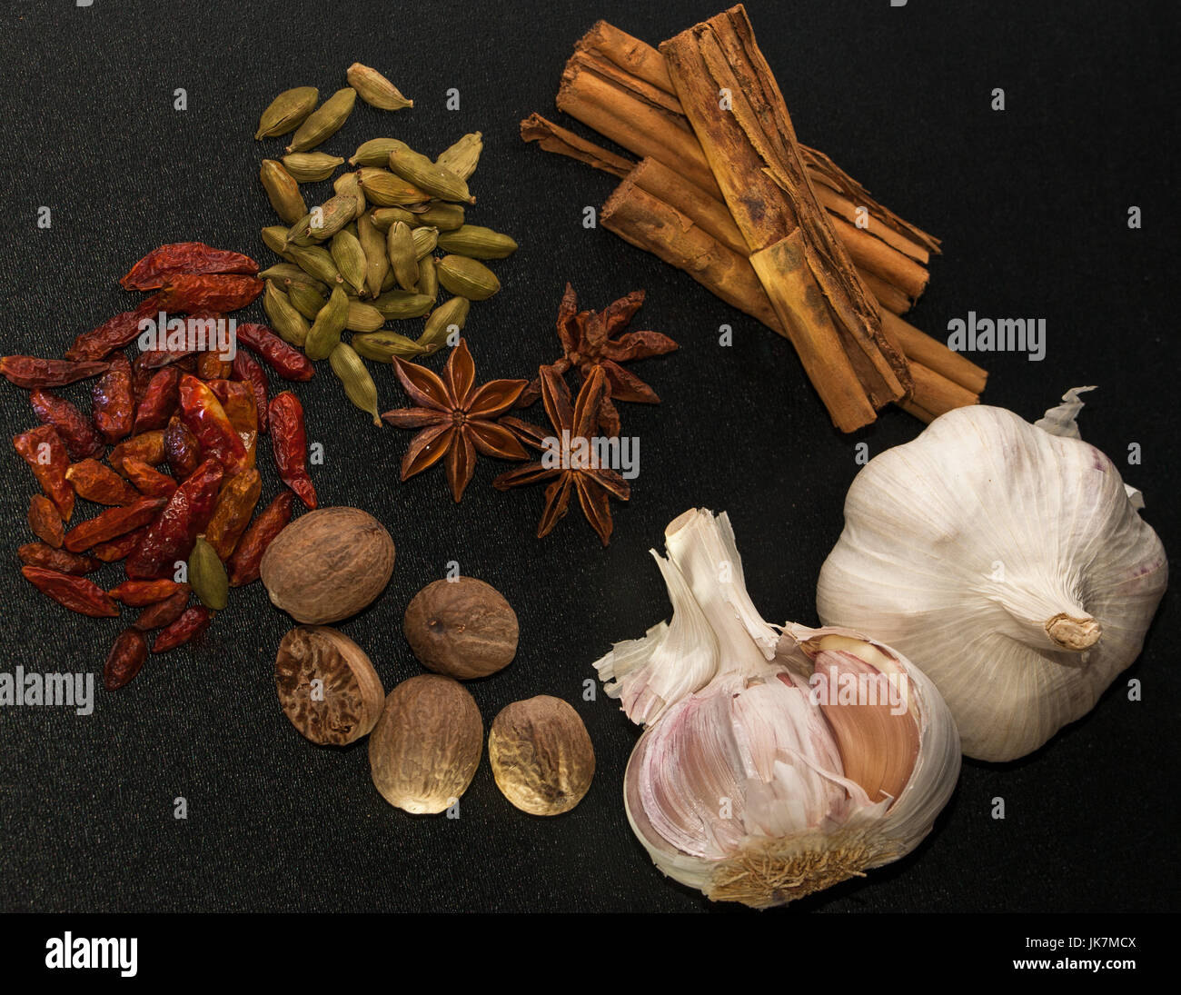 Set of asian spices: cardamon seeds, garlic, anise stars, nutmeg ...