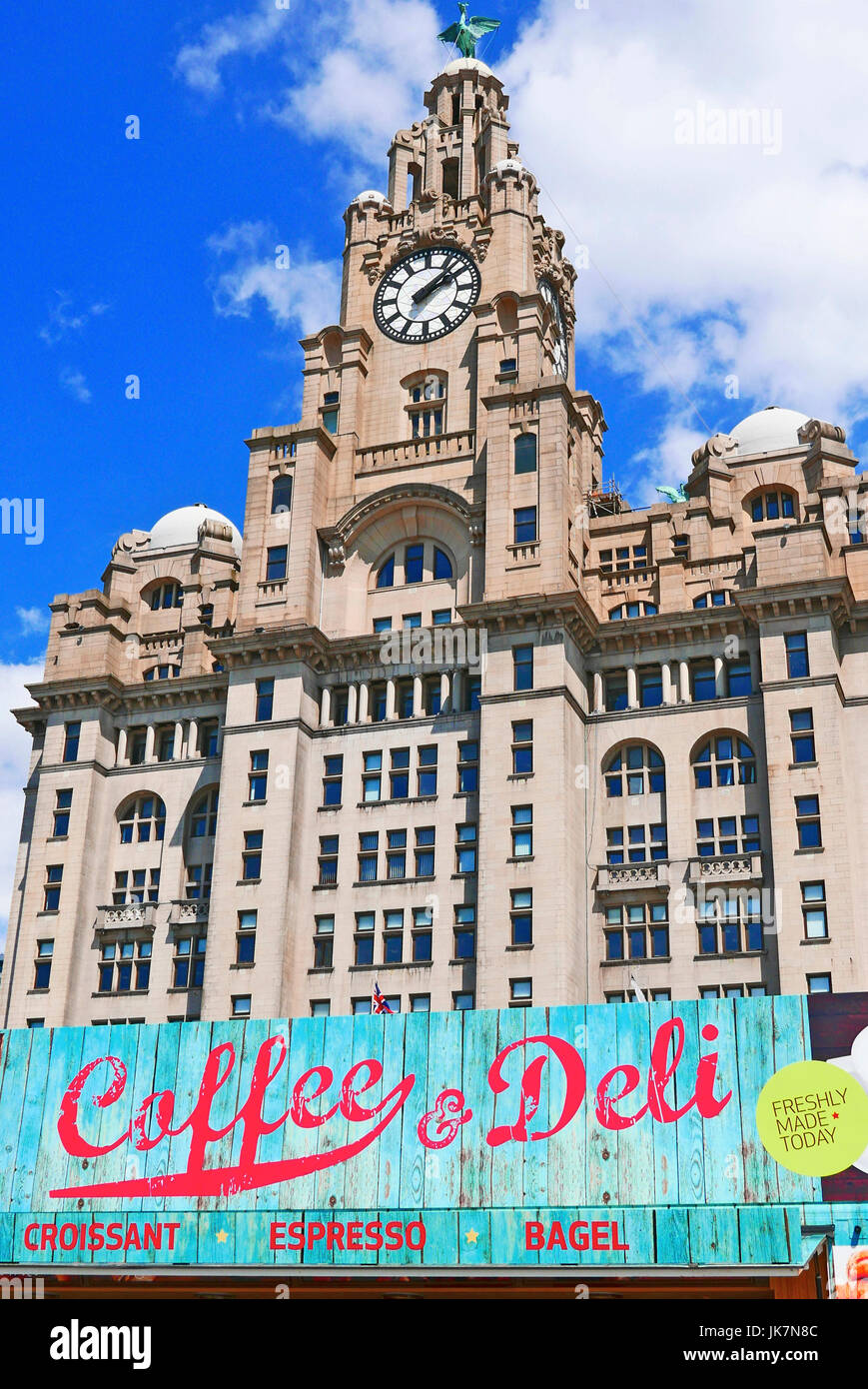 Wooden coffee and deli shack in front of the Liver Building,Liverpool ...