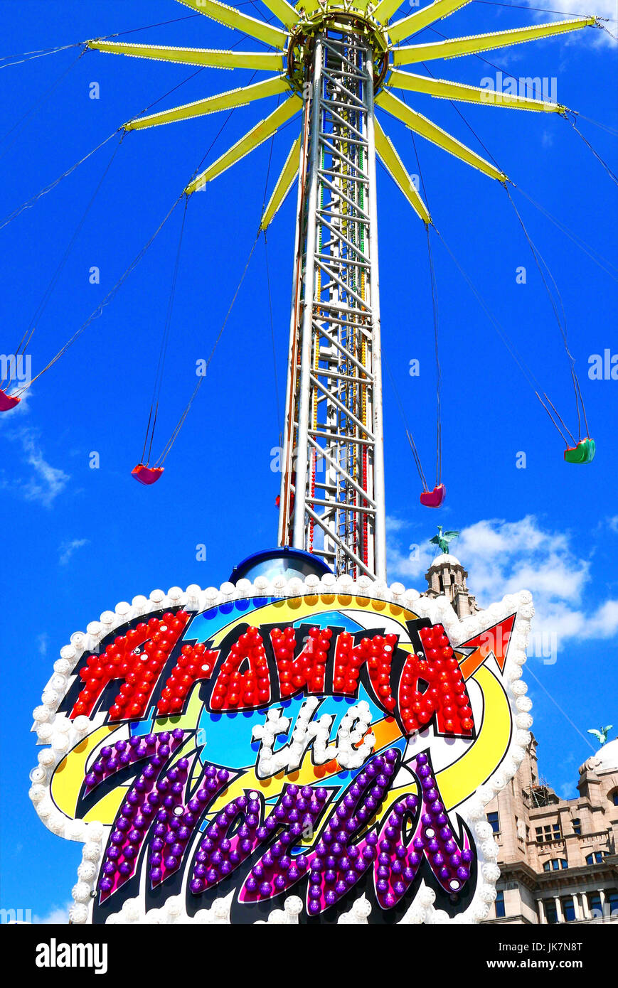 Aerial roundabout ride on Pier Head Village amusement park,Liverpool,UK ...