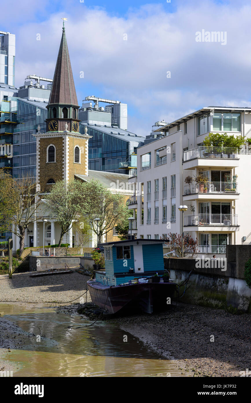 Church and Houseboat by River Thames Stock Photo - Alamy