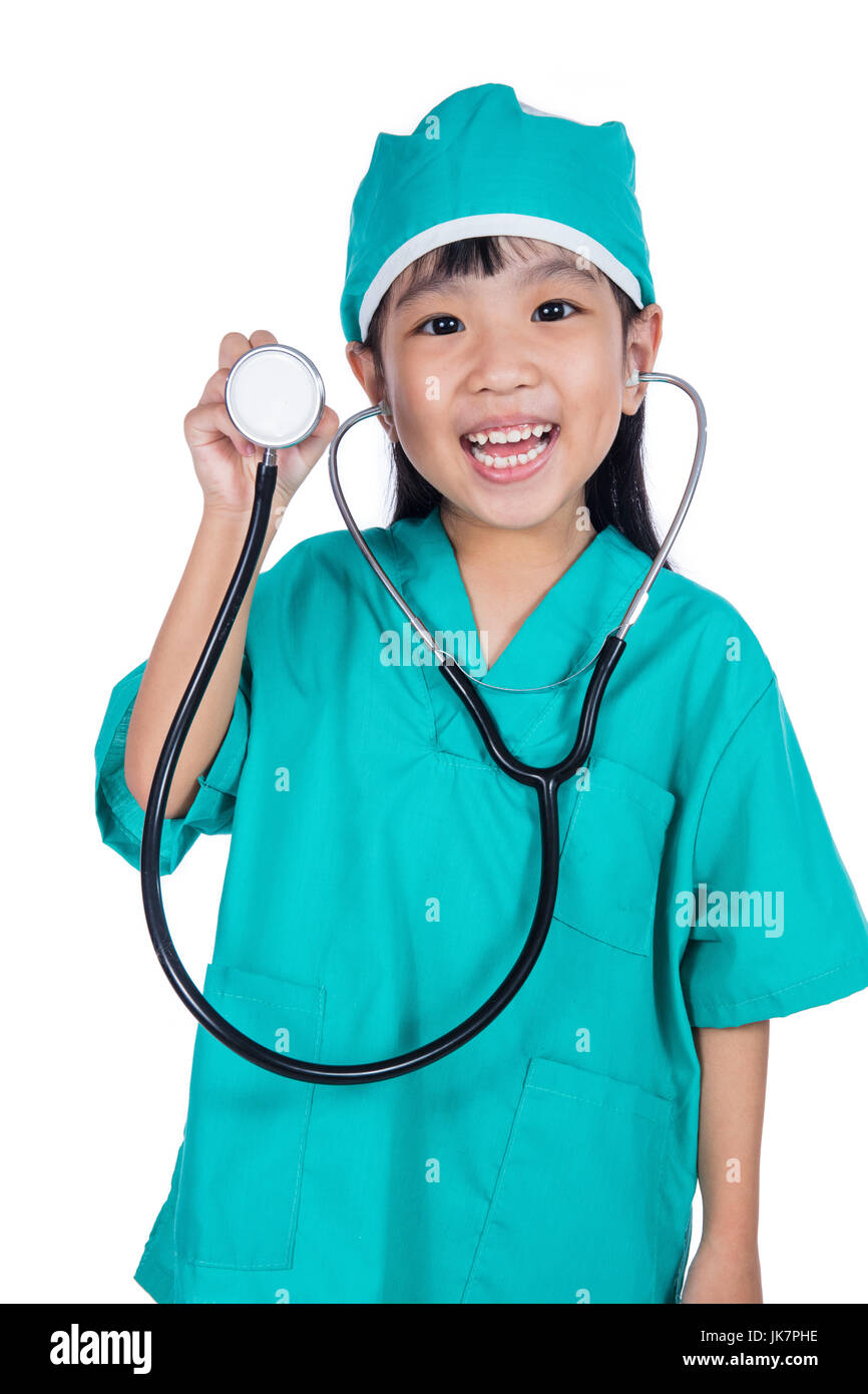 Asian Little Chinese Girl Playing Doctor with a stethoscope in isolated ...