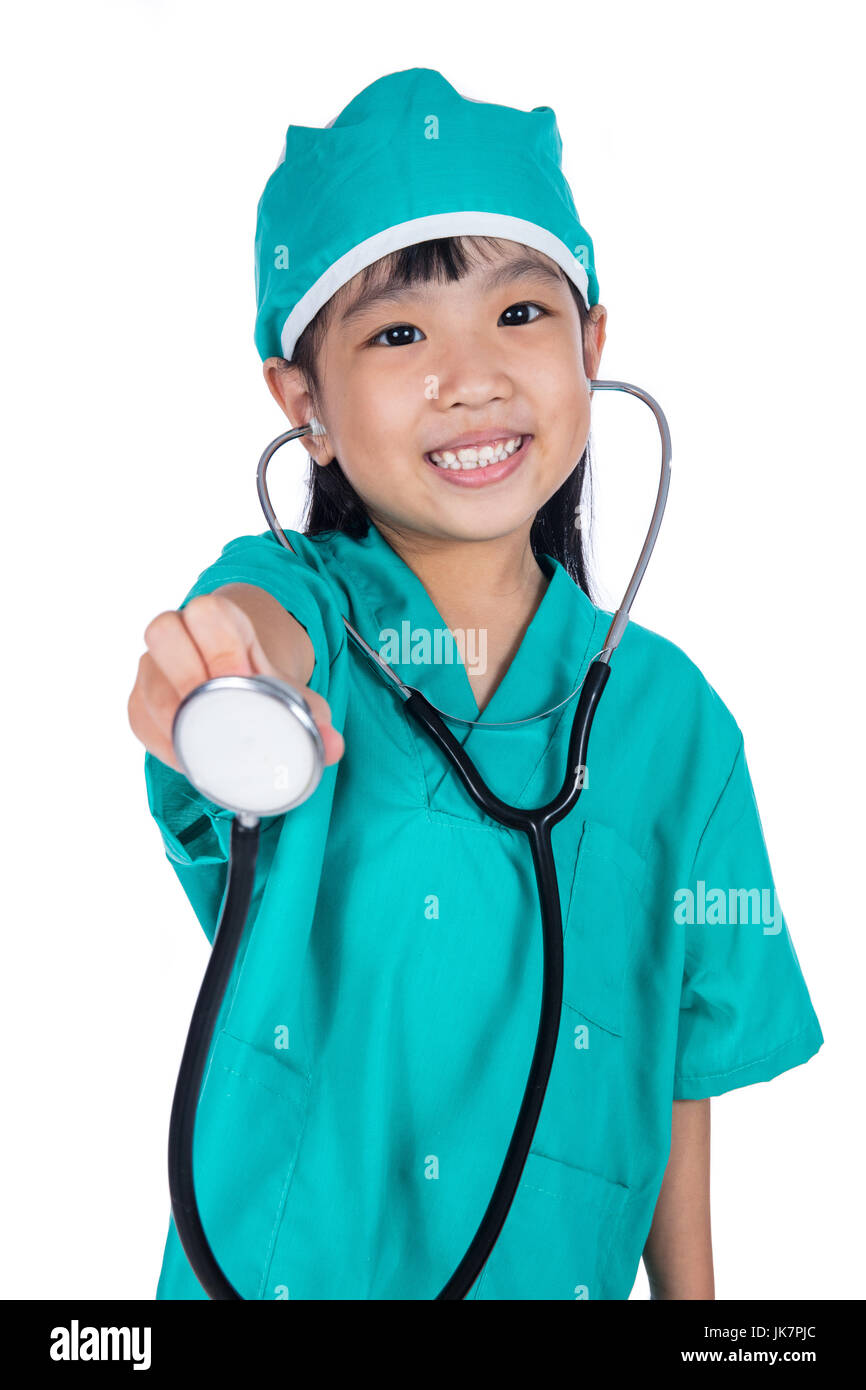 Asian Little Chinese Girl Playing Doctor with a stethoscope in isolated ...