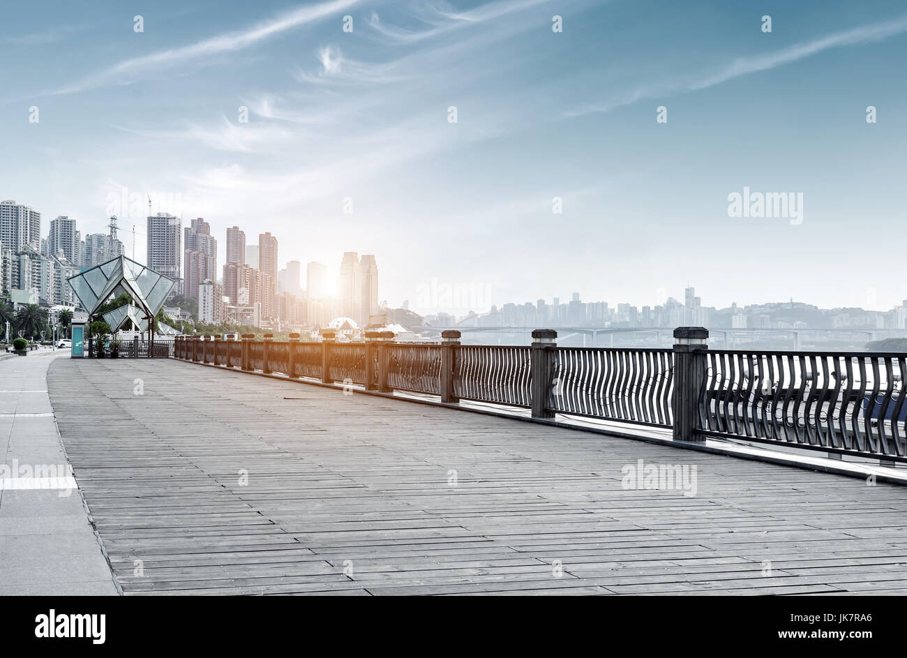 Chongqing city skyline, with wooden floors and guardrails Stock Photo ...