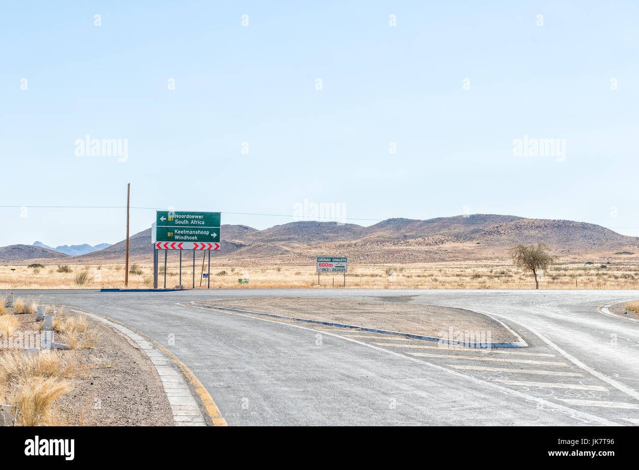 GRUNAU, NAMIBIA - JUNE 13, 2017: The T-junction of the B1 and B3 roads ...