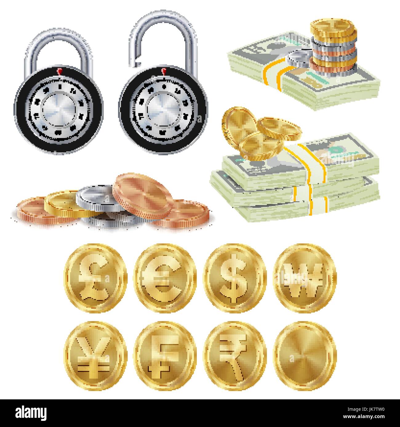 Finance Secure Concept Vector. Gold Metal Coins, Money Banknotes Stacks ...