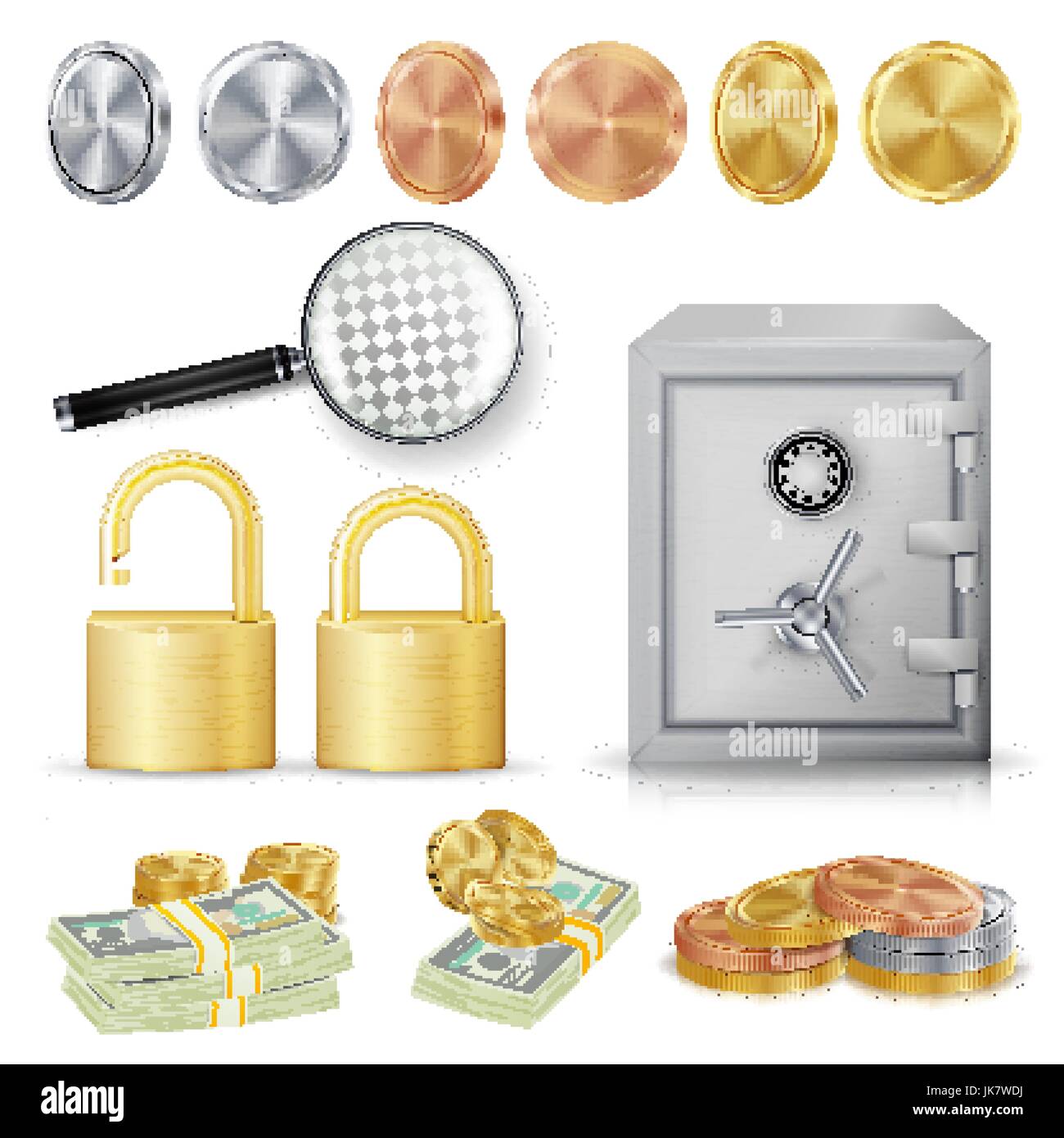 Money Secure Concept Vector. Gold, Silver, Copper Metal Coins, Money ...
