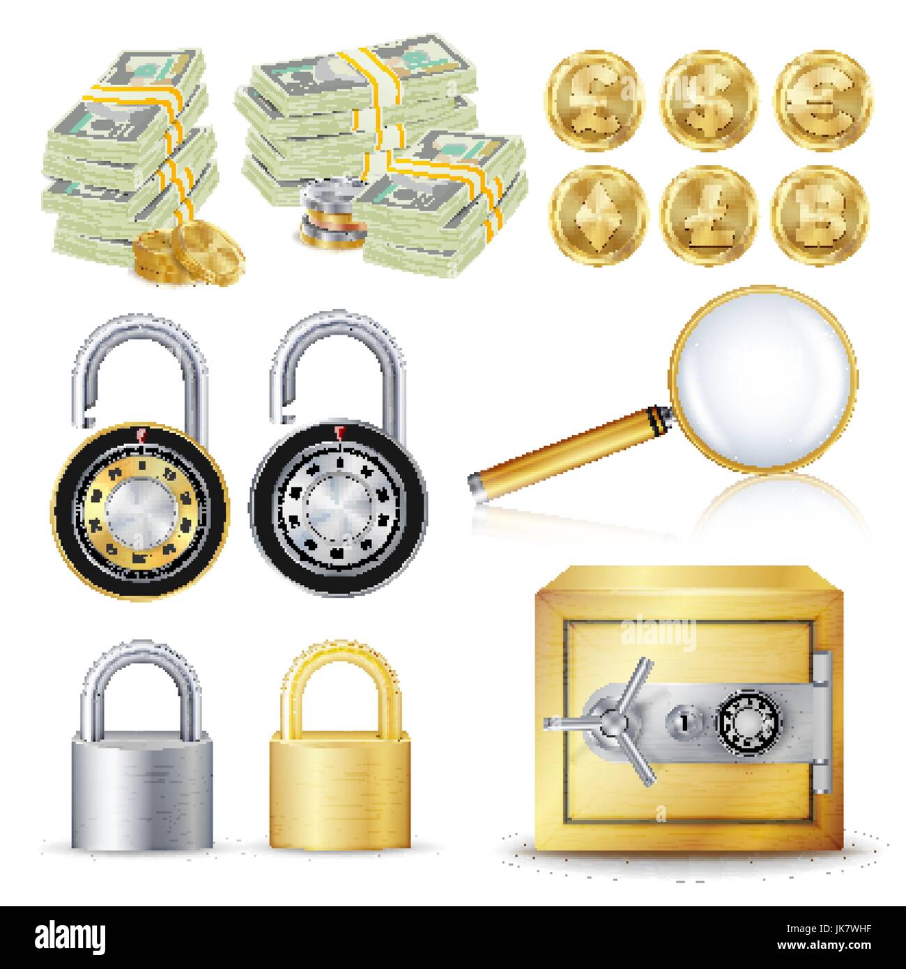 Finance Secure Concept Vector. Gold Coins, Money Banknotes Stacks ...