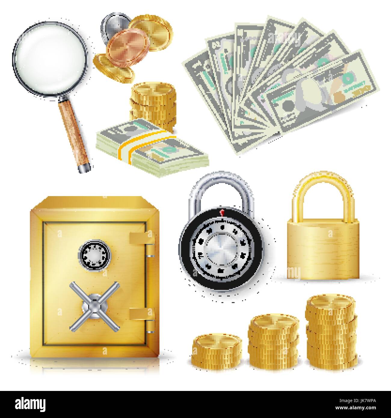 Money Secure Concept Vector. Gold Metal Coins, Money Banknotes Stacks ...