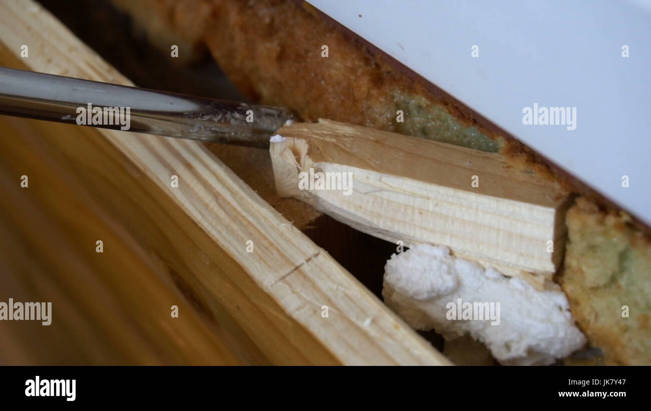 Nozzle of construction gun fills space under window frame by ...