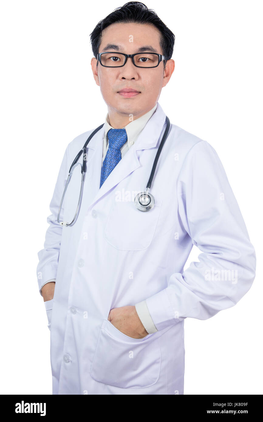 Asian Chinese male doctor with stethoscope in isolated White Background ...