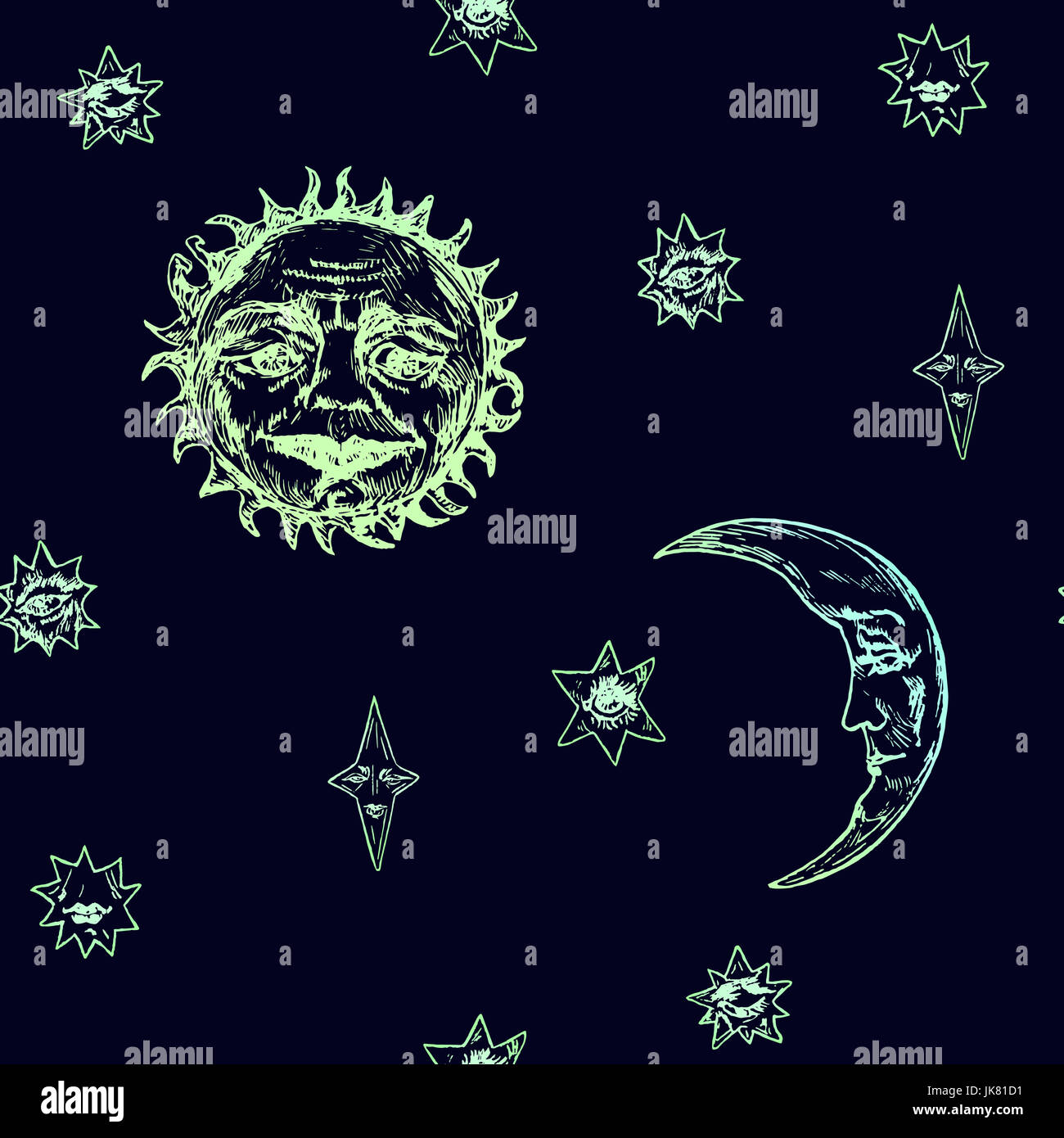 The sun with the wrinkled face of a wise old man, young moon and stars ...