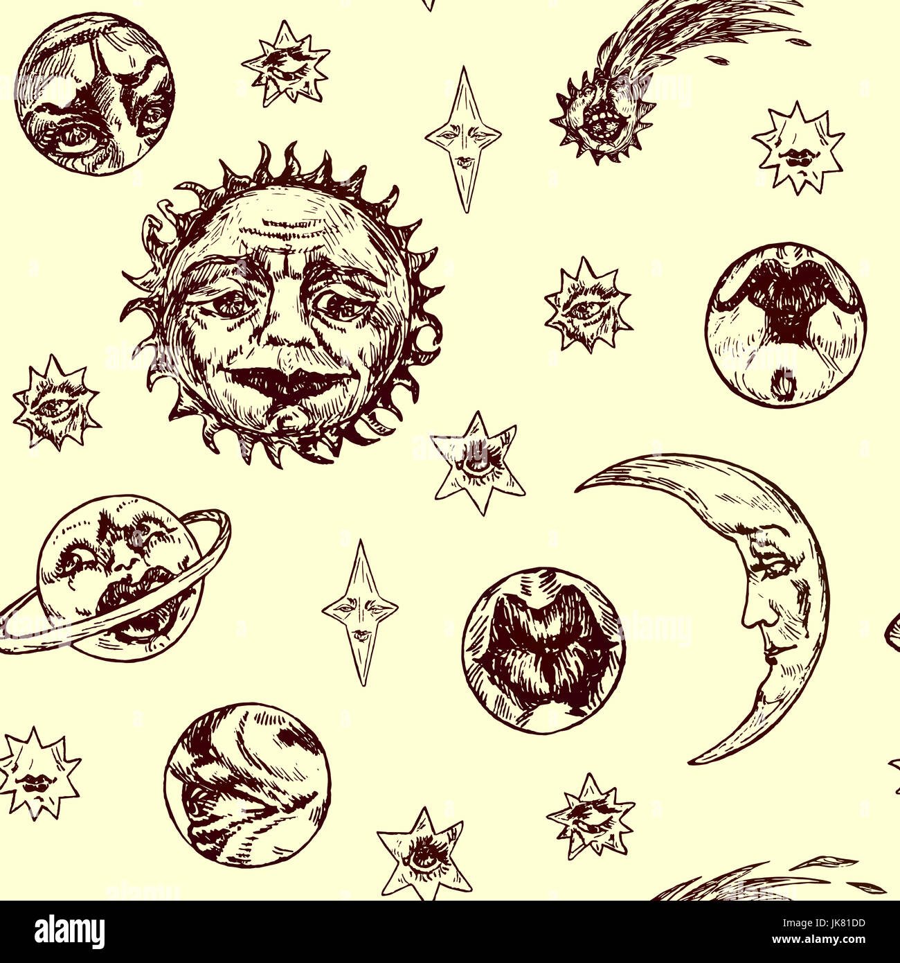 The sun with wrinkled face of a wise old man, young moon, planets ...