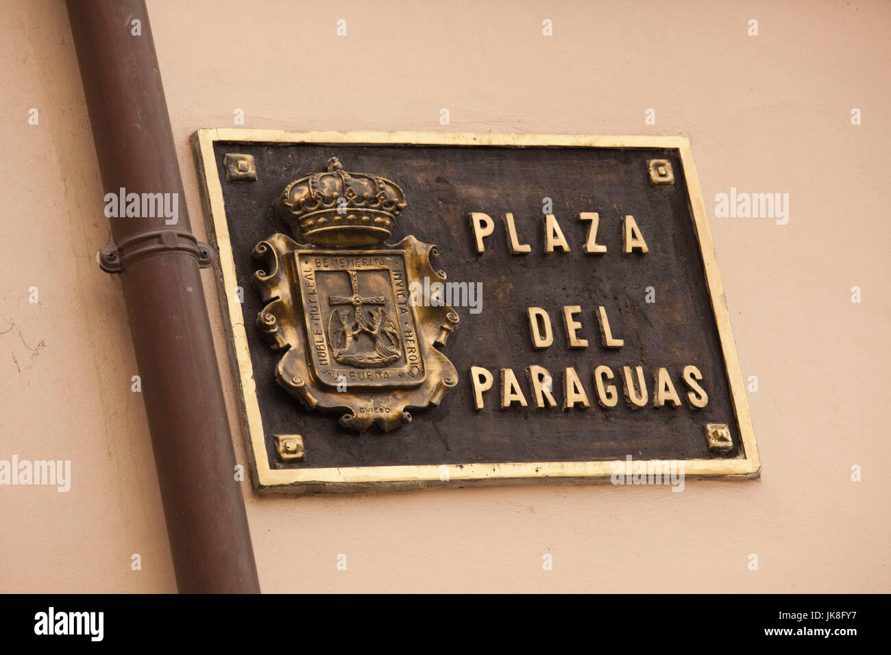 Spain, Asturias Region, Asturias Province, Oviedo, sign for the Plaza ...