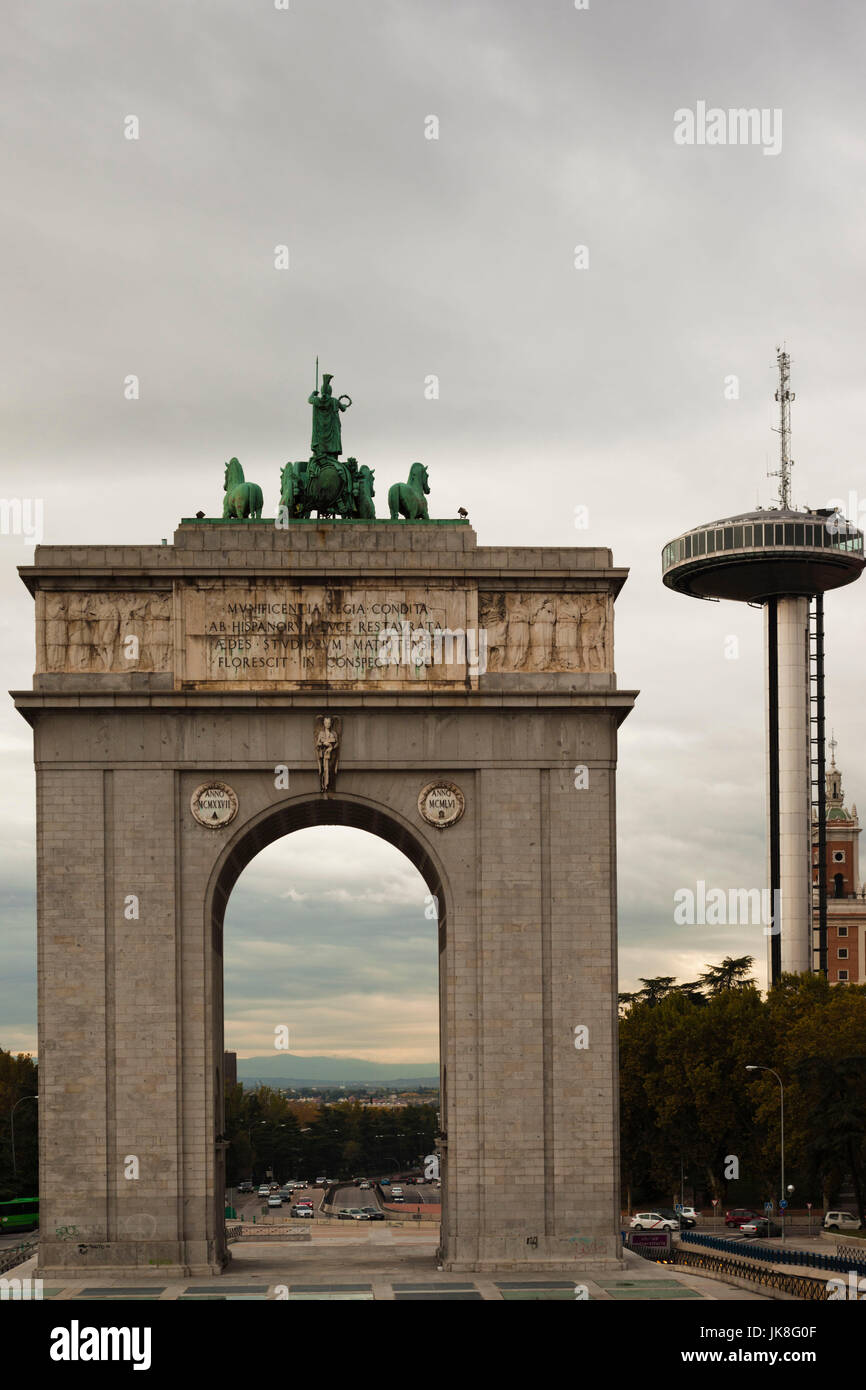 Spain, Madrid, Moncloa Area, Arco de la Victoria arch and the Faro de ...