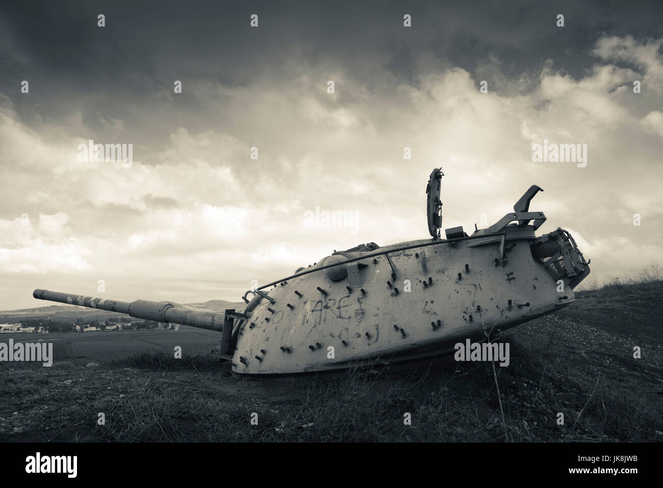 Israel, Golan Heights, MItzpe Quneitra, turret of Israeli tank points ...