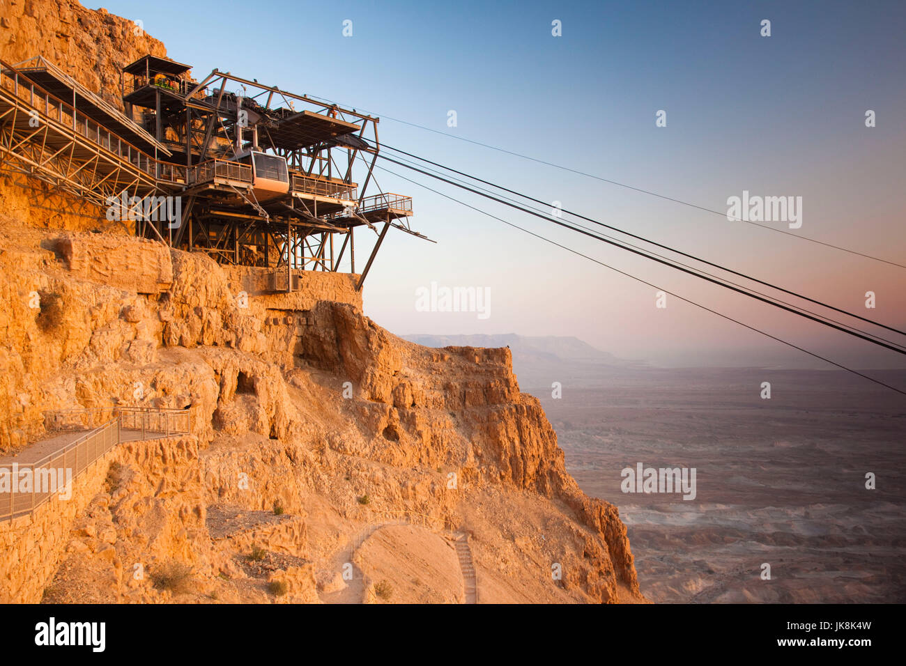 Israel, Dead Sea, Masada, dawn view of the Masada cable car station ...