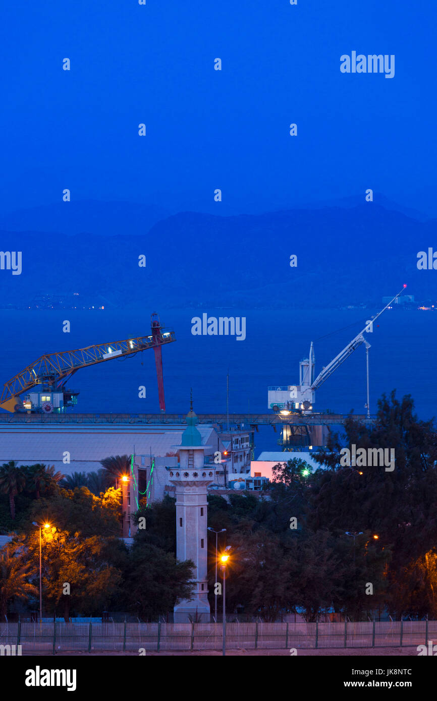 Jordan, Aqaba, Port of Aqaba, elevated view, with mosque, dawn Stock ...