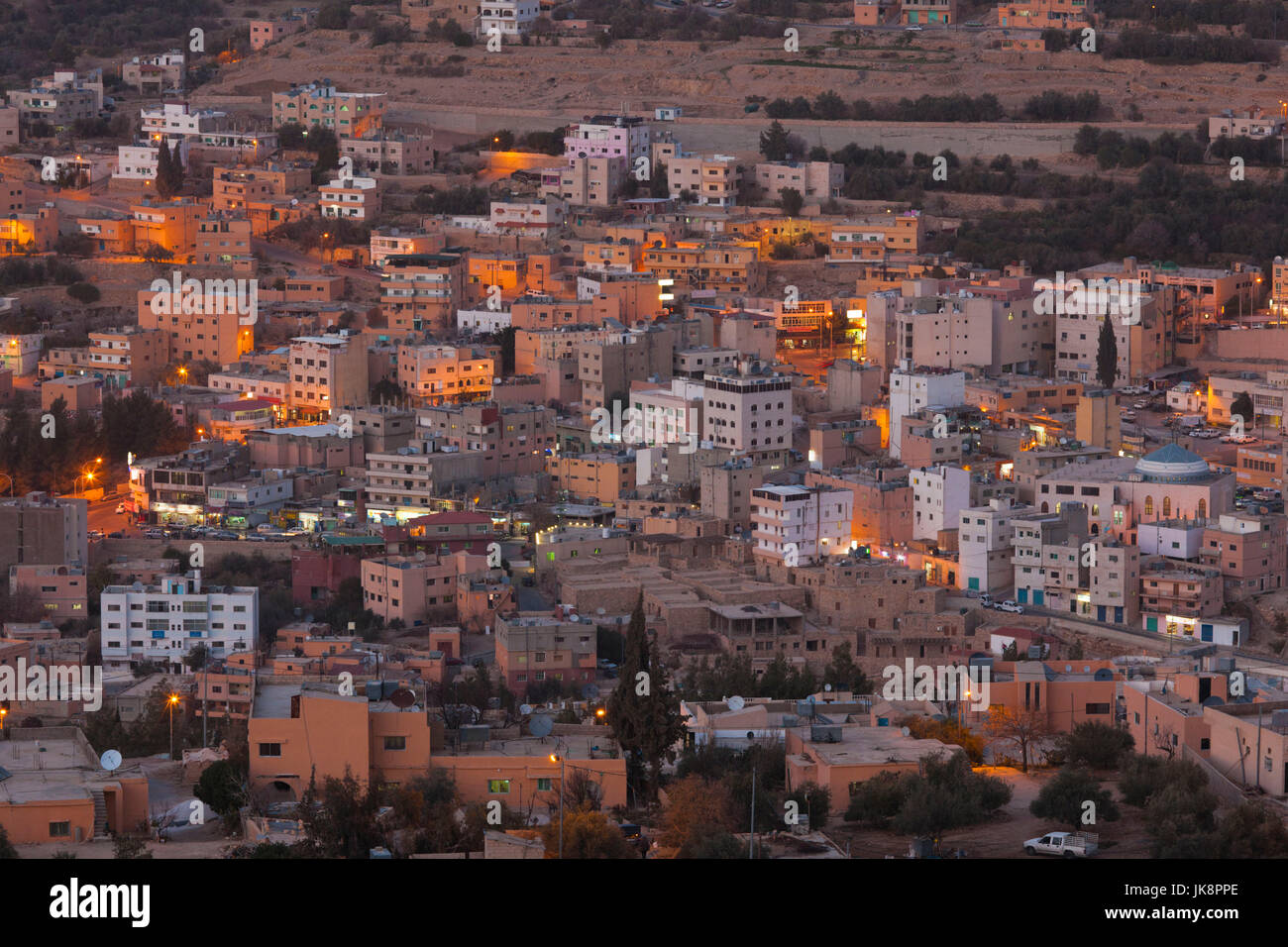 Jordan, Petra-Wadi Musa, elevated view of Wadi-Musa new town, dusk ...